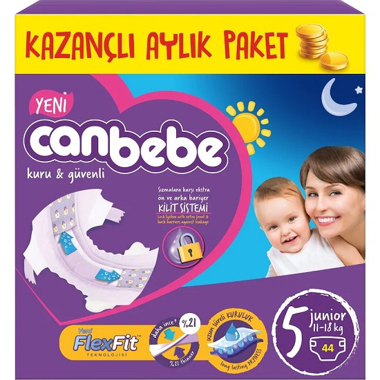 Canbebe 5 Beden Junior 44 Adet Aylık Paket Bebek Bezi Fiyatı