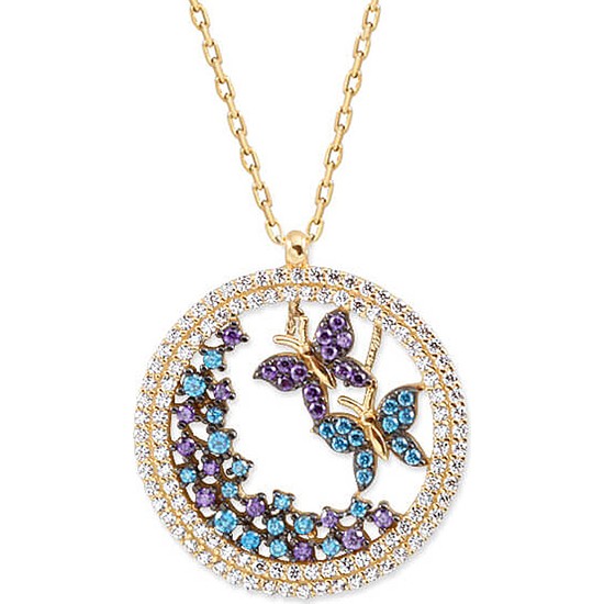 Myra Gold Mor Ve Mavi Taşlı Kelebekli Halka Kolye (Kly2303) Fiyatı