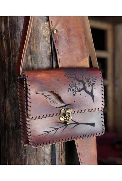 Ecocraft Hakiki Deri Çanta Yaprak Desenli Kahverengi