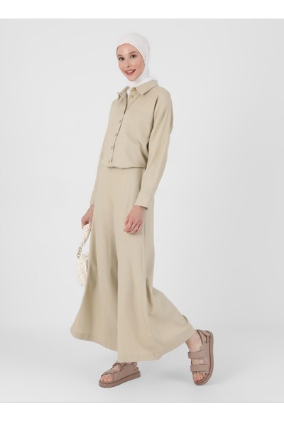 Refka Bol Paça Beli Lastikli Keten Pantolon - Bej - Refka Casual Refka Bol Paça Beli Lastikli Keten Pantolon - Bej - Refka Casual