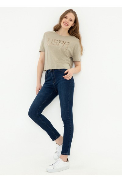 U.s. Polo Assn. Bisiklet Yaka Standart Kalıp Baskılı Yeşil Kadın T-Shirt - Guzel