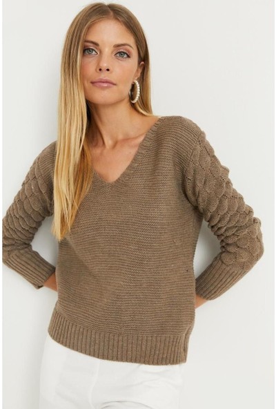 New Laviva Kol Detaylı V Yaka Vizon Kadın Triko