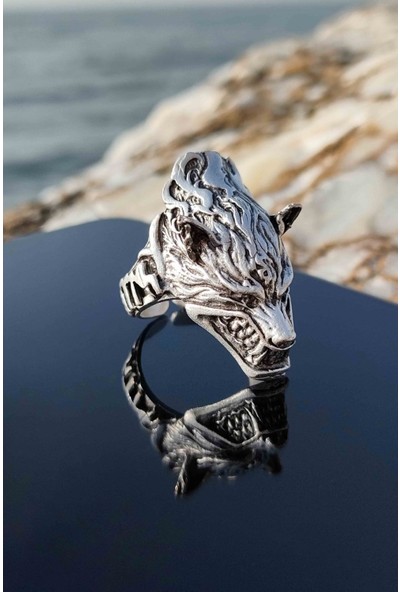 The Gifts Antik Gümüş Kaplama Ayarlanabilir Erkek Kurt Yüzük