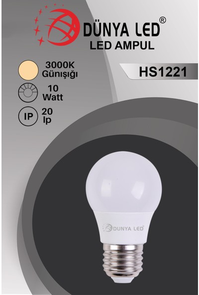 Dünya Led HS.1221/3 10W E-27 LED Ampul 3000K Günışığı Yüksek Lümen Kolay Kullanım