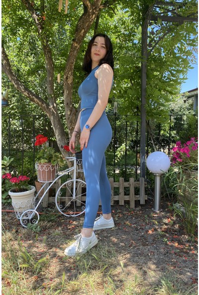 Wiolans Mavi Düz Tayt ve Crop Takım