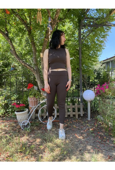 Wiolans Koyu Kahverengi Fitilli Tayt ve Crop Takım