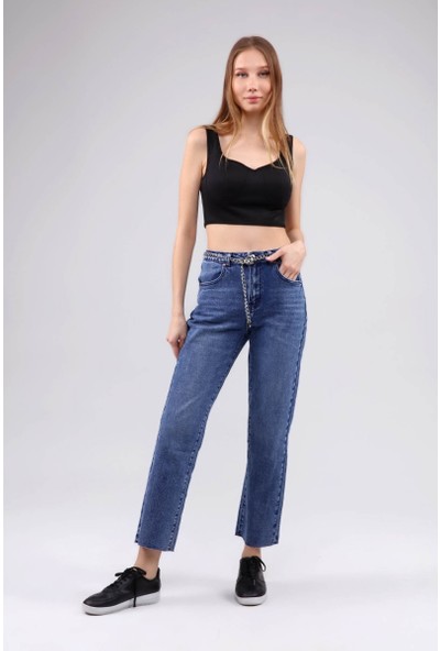 Home Store Pantolon Jean Zincir Kemerli Paça Pis Kesim Arkasi Dikiş Izl - Lacivert