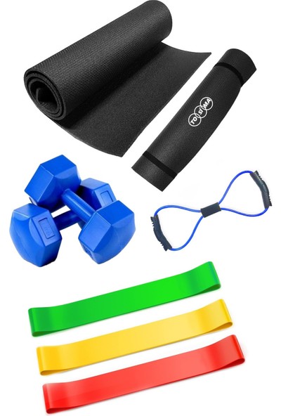 Egzersiz Pilates Seti Pilates Minderi 3 Adet Direnç Lastiği Sekizgen Lastik ve 1 kg Çiftli Dambıl Egzersiz Pilates Seti Pilates Minderi 3 Adet Direnç Lastiği Sekizgen Lastik ve 1 kg Çiftli Dambıl