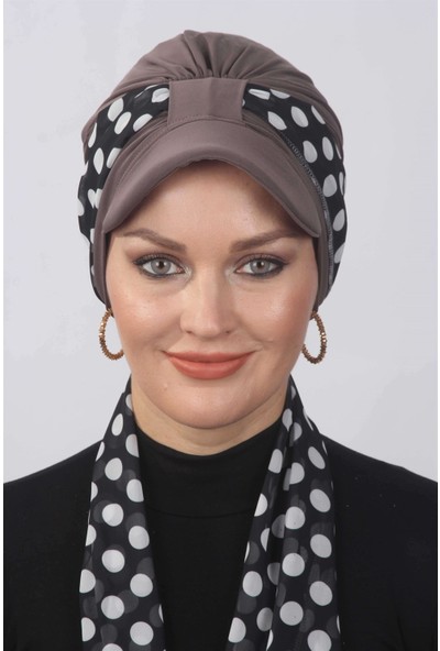 Moda Çizgi Puantiyeli Fularlı Şapka Bone Vizon