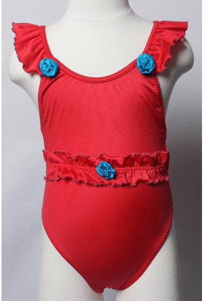 Sude Ayl Kız Çocuk Kırmızı Askılı Düz Mayo 002