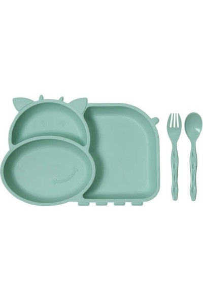 Ninovivo Inek Figürlü 3 Bölmeli Bebek Tabak Çatal Kaşık Seti