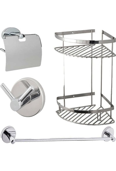 Fnd Home 4'lü Banyo Seti Paslanmaz Çelik Köşe 2 Katlı Raf Şampuanlık Uzun Havluluklu