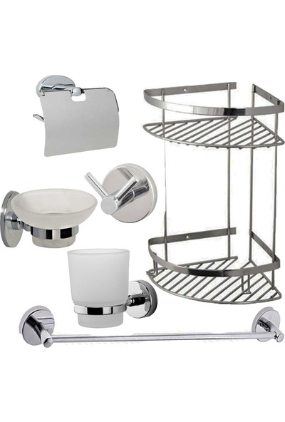 Fnd Home 6'lı Banyo Seti Paslanmaz Çelik Köşe 2 Katlı Raf Şampuanlık Uzun Havluluklu