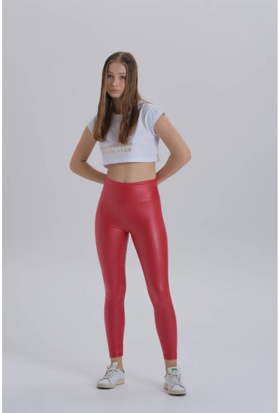 David&Gerenzo Kırmızı Kadın Yüksek Bel Deri Görünümlü Tayt