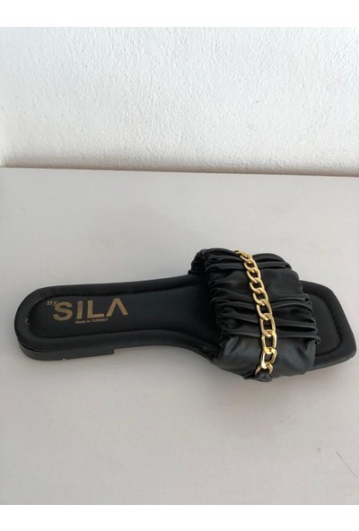 Sıla Kadın Siyah Altın Kemerli Düz Taban Terlik