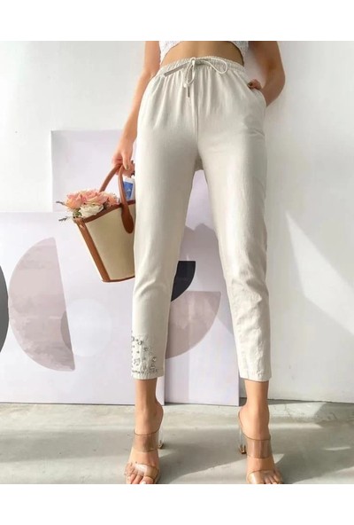 Boutique Çiğdem Gabardin Paçası Taşlı Lastikli Pantalon