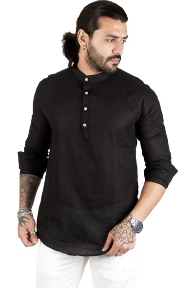 Deepsea Yarım Düğmeli Çizgili Hakim Yaka Ham Keten Uzun Kollu Erkek Gömlek 2201914