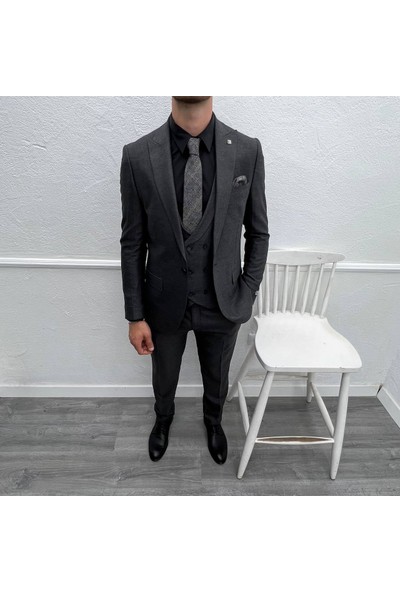 Erkek Dar Kesim Slimfit Yelekli Takımı Elbise-Füme Erkek Dar Kesim Slimfit Yelekli Takımı Elbise-Füme