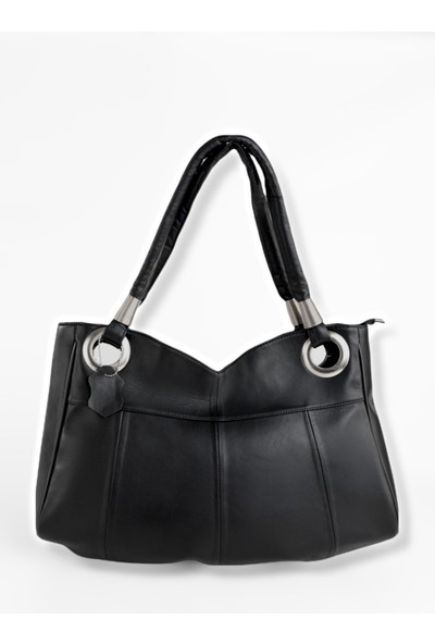 Hakiki Deri Kadın Büyük Boy Siyah El ve Omuz Çantası
