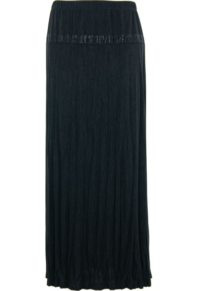 Oppland Kadın Beli Lastikli Bedenli ve Taş Baskılı Likralı Rahat Kesim Bürümcük Kumaş Anne Etek