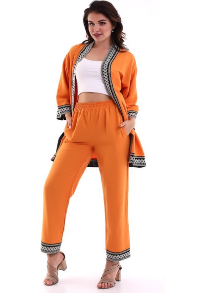 Modaness Işlemeli Kimono Takım Turuncu MDNSS105