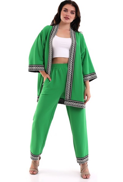 Modaness Işlemeli Kimono Takım Yeşil MDNSS105