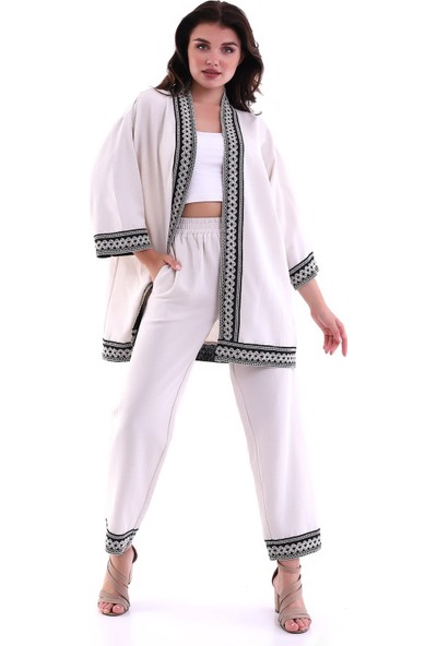 Modaness Işlemeli Kimono Takım Beyaz MDNSS105