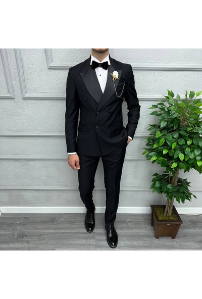 Fatih Zeyrek Erkek Dar Kesim Slimfit Saten Yaka Kruvaze Damatlık Takım Elbise-Siyah Fatih Zeyrek Erkek Dar Kesim Slimfit Saten Yaka Kruvaze Damatlık Takım Elbise-Siyah