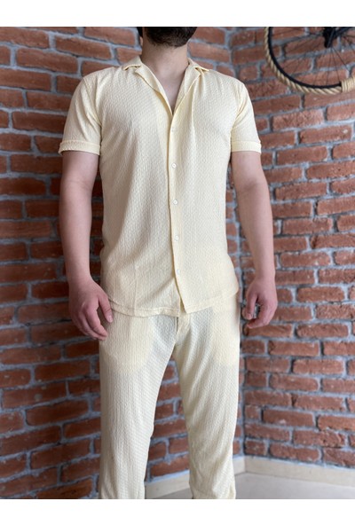 Erkek Sarı Likralı Kısa Kol Gömlek