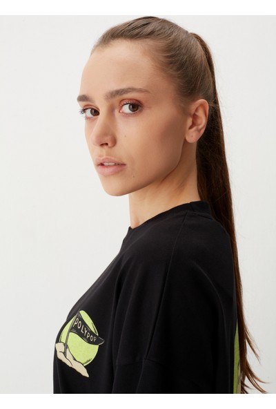 Polypop Bisiklet Yaka Baskılı Siyah Kadın T-Shirt 221311 Siyah T-Shirt