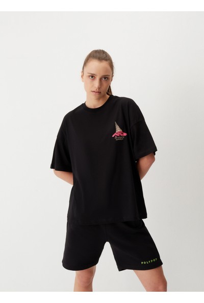Polypop Bisiklet Yaka Baskılı Siyah Kadın T-Shirt 221211 Siyah T-Shirt