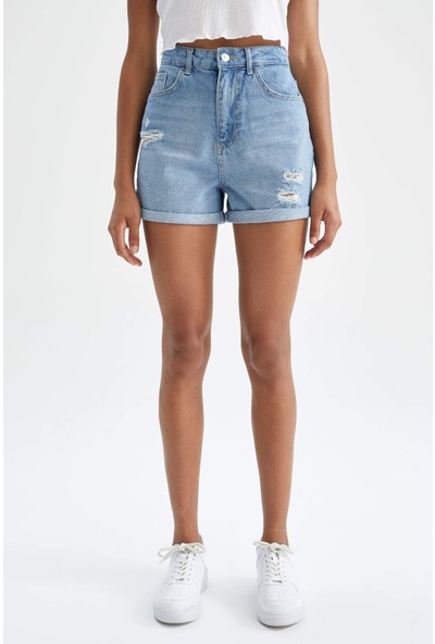 DeFacto Mom Fit Katlamalı Paça Yüksek Bel Jean Şort Y5931AZ22HS