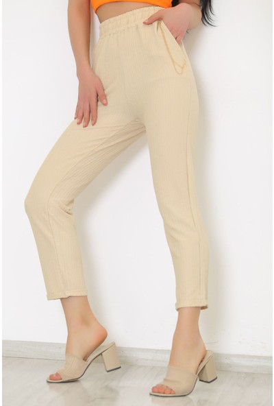 Cepleri Zincir Detaylı Pantolon Bej - 9602.148.
