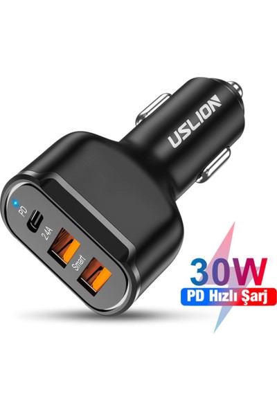 Uslion 30W 2 USB + Type-C Girişli Qc3.0 Hızlı Araç Çakmaklık Şarjı Siyah