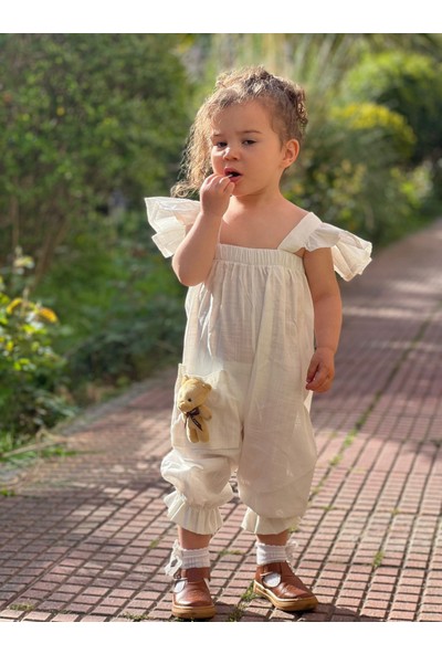 Ares Kids Fashion Ayıcıklı Ham Keten Beyaz Tulum