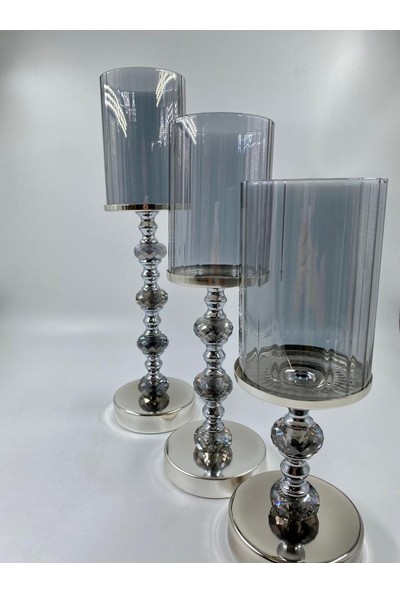 Bhrhome Kristal Detaylı Füme Camlı 3'lü Şamdan Bhrhome Kristal Detaylı Füme Camlı 3'lü Şamdan