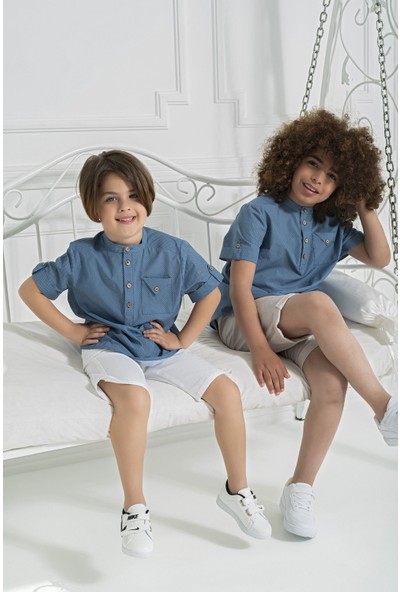 For You Kids Cep Detaylı Düğmeli Hakim Yaka Petrol Yeşil Gömlek