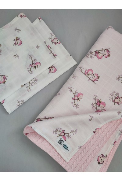 Pamuk Pazen Bebek Çocuk Battaniye Seti Örme Pike Müslin %100 Pamuk Pembe Kuş Desenli Pamuk Pazen Bebek Çocuk Battaniye Seti Örme Pike Müslin %100 Pamuk Pembe Kuş Desenli