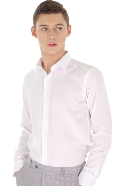 Beyaz Desenli Pike Uzun Kol Gömlek