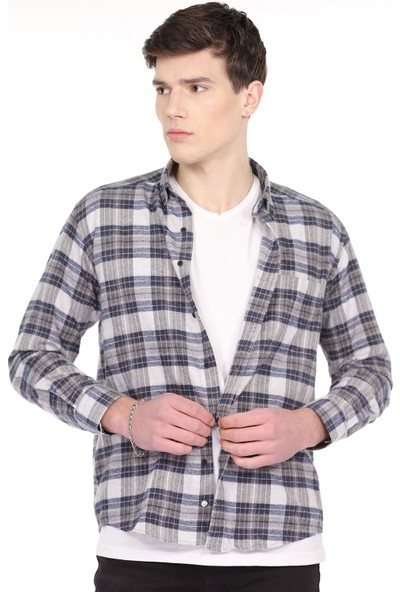 Lacivert Desenli Uzun Kol Gömlek