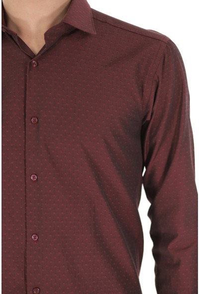 Bordo Desenli Uzun Kol Gömlek