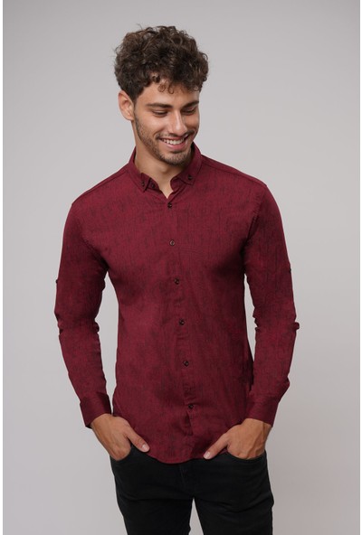 Bordo Desenli Düğmeli Gömlek