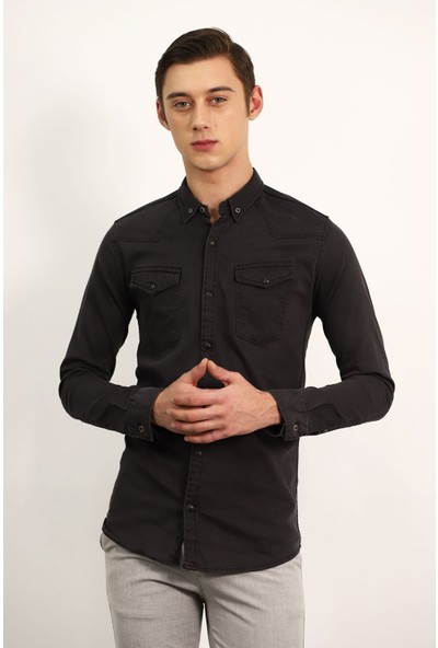 Antrasıt Spor Dikişli Kot Gömlek