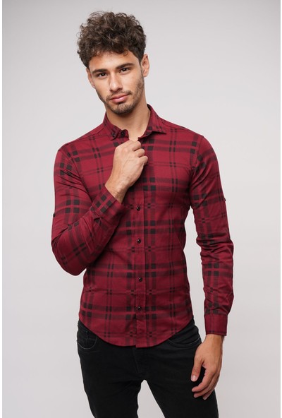 Bordo Düğmeli Ekose Gömlek