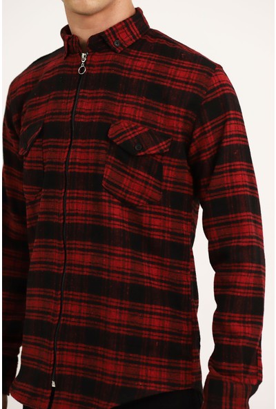 Kırmızı Ekose Fermuarlı Gömlek