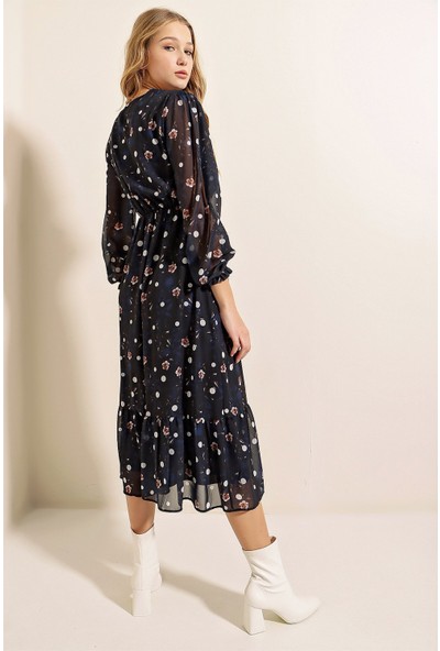 Lacivert Bel Lastikli Uzun Elbise