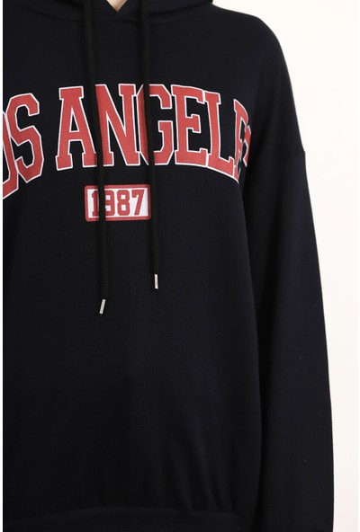 Siyah Kapüşonlu Los Angeles Baskılı Sweat Siyah Kapüşonlu Los Angeles Baskılı Sweat