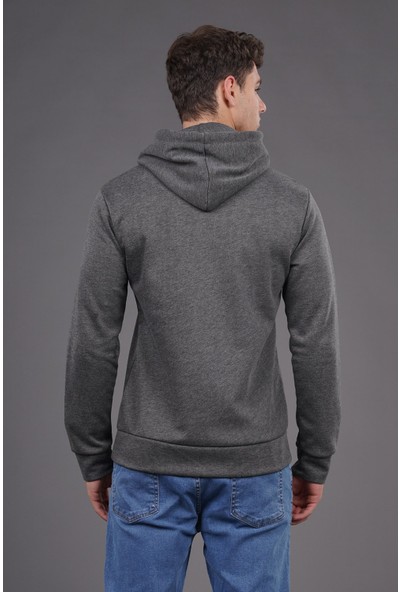 Antrasit Kapüşonlu Baskılı Sweat