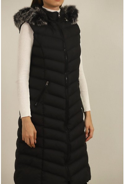 Siyah Kapüşonlu Cep Fermuarlı Yelek