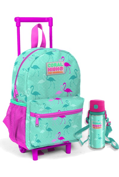 Coral High Su Yeşili Flamingo Desenli Iki Bölmeli Çekçekli Anaokul Çanta Seti ADYAYG24004-S3